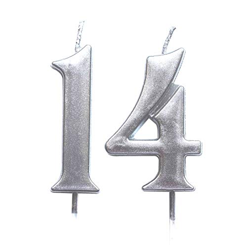 MAGJUCHE Silver 14th Birthday Numeral Candle, Number 14 Cake Topper Candles Party Decoration for Girl Or Boy