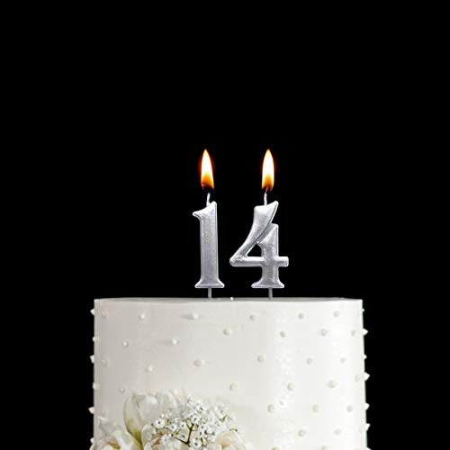 MAGJUCHE Silver 14th Birthday Numeral Candle, Number 14 Cake Topper Candles Party Decoration for Girl Or Boy