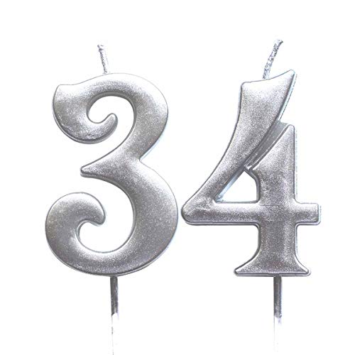 MAGJUCHE Silver 34th Birthday Numeral Candle, Number 34 Cake Topper Candles Party Decoration for Women or Men