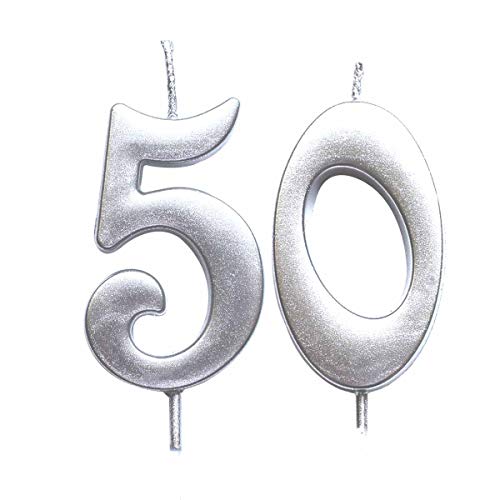 MAGJUCHE Silver 50th Birthday Numeral Candle, Number 50 Cake Topper Candles Party Decoration for Women or Men