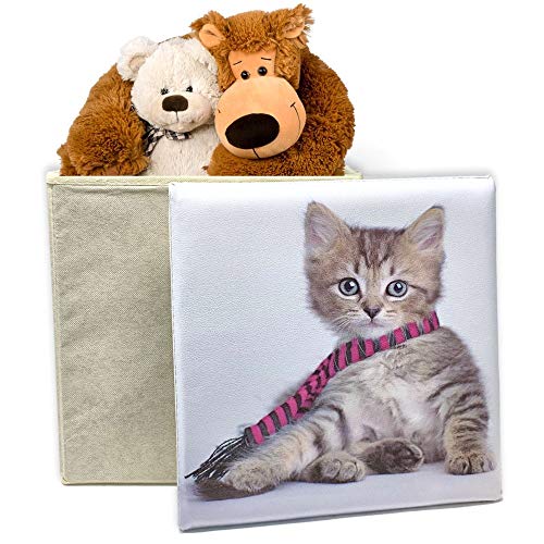 BANBERRY DESIGNS Cat Themed Folding Storage Bin- Padded Kitty Cover - Neutral Tan Color Kitten Design Container with Lid Perfect for Organizing - 12" Square