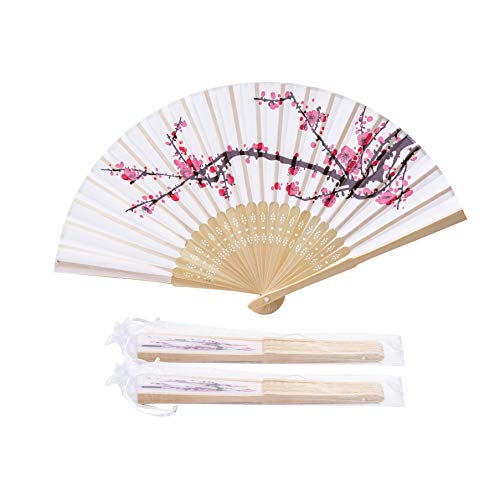 Sepwedd 50pcs Delicate Plum Blossom Blossom Design Imitated Silk Fabric Bamboo Folded Hand Fan Bridal Dancing Props Church Wedding Gift Party Favors with Gift Bags