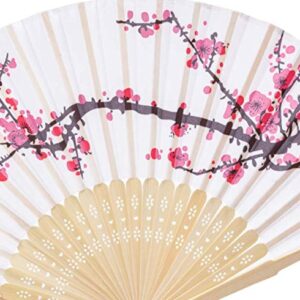 Sepwedd 50pcs Delicate Plum Blossom Blossom Design Imitated Silk Fabric Bamboo Folded Hand Fan Bridal Dancing Props Church Wedding Gift Party Favors with Gift Bags