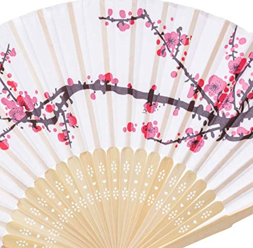 Sepwedd 50pcs Delicate Plum Blossom Blossom Design Imitated Silk Fabric Bamboo Folded Hand Fan Bridal Dancing Props Church Wedding Gift Party Favors with Gift Bags