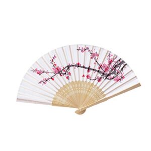 Sepwedd 50pcs Delicate Plum Blossom Blossom Design Imitated Silk Fabric Bamboo Folded Hand Fan Bridal Dancing Props Church Wedding Gift Party Favors with Gift Bags