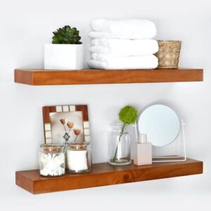 homeforia rustic farmhouse floating shelves – bathroom wooden shelves for wall mounted – thick industrial kitchen wood shelf – 24 x 6.5 x 1.75 inch – set of 2 – honey oak color