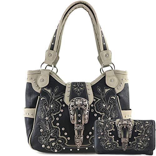 Zelris Western Floral Blossom Buckle Women Conceal Carry Tote Handbag Purse Set (Black)