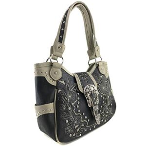 Zelris Western Floral Blossom Buckle Women Conceal Carry Tote Handbag Purse Set (Black)