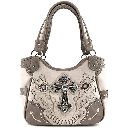 Zelris Floral Poppy Cross Western Women Conceal Carry Tote Handbag Purse (Beige Silver)