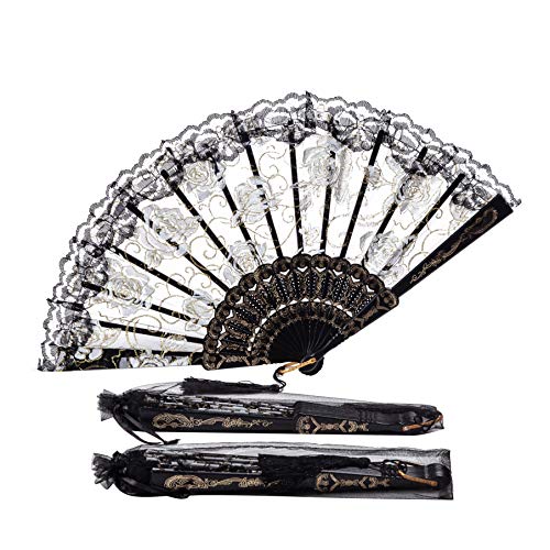 Sepwedd 30pcs Rose Lace Floral Folding Hand Fans Chinese Retro Folding Fan Bridal Dancing Props Church Wedding Gift Party Favors with Gift Bags（Black）