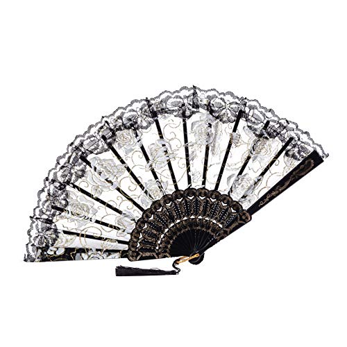 Sepwedd 30pcs Rose Lace Floral Folding Hand Fans Chinese Retro Folding Fan Bridal Dancing Props Church Wedding Gift Party Favors with Gift Bags（Black）