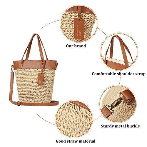 Straw Handbag for Women, JOSEKO Weaving Shoulder Bag Outdoor Casual Cross Body Bag Top Handle Satchel Off White 12.60''L x 7.87''W x 11.02''H