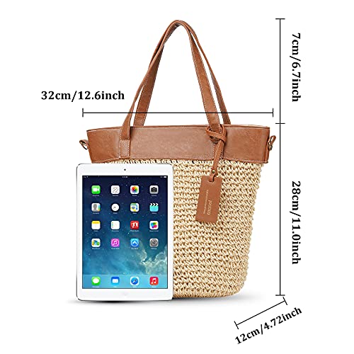 Straw Handbag for Women, JOSEKO Weaving Shoulder Bag Outdoor Casual Cross Body Bag Top Handle Satchel Off White 12.60''L x 7.87''W x 11.02''H