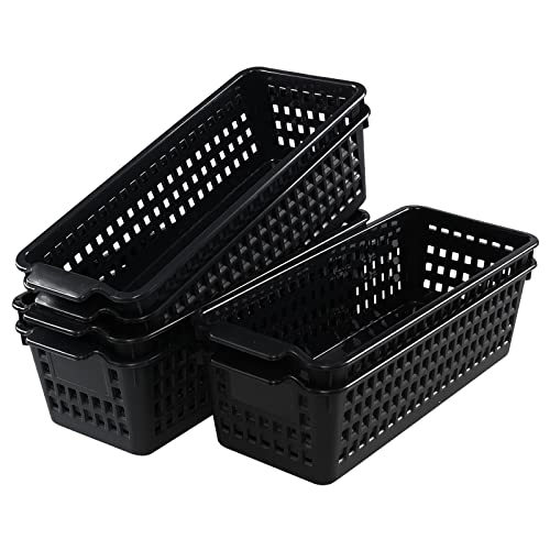 Idomy 6-Pack Slim Plastic Storage Trays Baskets, Black Small Storage Basket