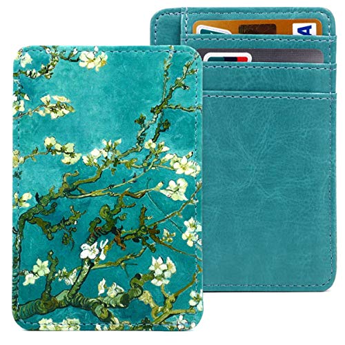 kandouren Slim RFID Blocking Leather Front Pocket Wallet for Women & Girl,Money Clip,Credit Card Holder Case(Green Van Gogh Flower)