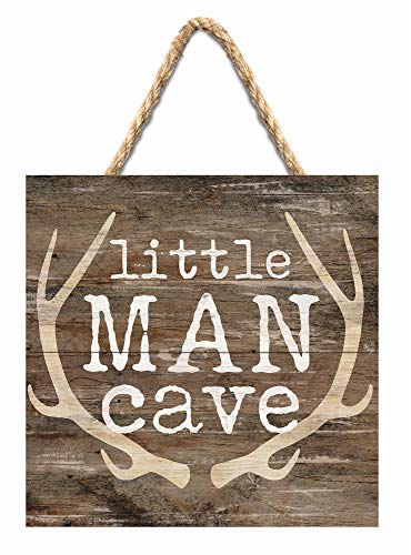 P. Graham Dunn Rustic Brown 7 x 7 Inch Wood Pallet Wall Hanging Sign, Little Man Cave Antlers