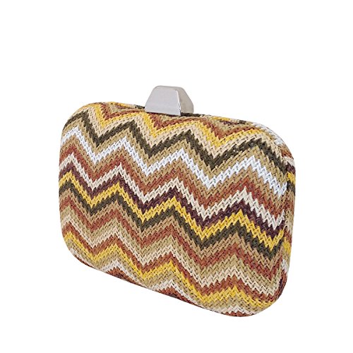 Multicolored Chevron Raffia Straw Box Clutch, Natural