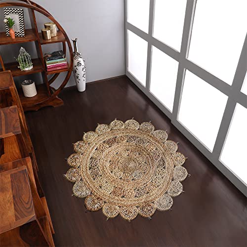 Rugsotic Carpets Hand Woven Jute 6'7''x6'7'' Round Eco-Friendly Area Rug Oriental Beige J00003