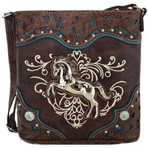 western cowgirl style horse cross body handbags concealed carry purses country women single shoulder bag (coffee)