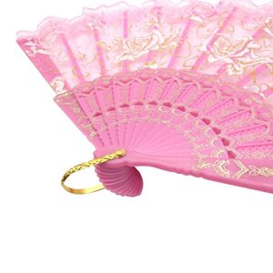 TRENDBOX Flower Rose Lace Handheld Chinese Folding Fan for Dancing Ball Parties Ladies - Rose Pink