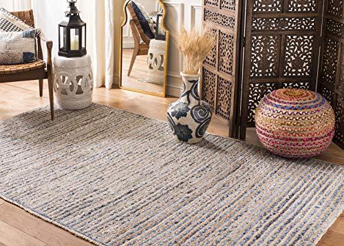 SAFAVIEH Cape Cod Collection 3' x 5' Natural / Blue CAP250A Handmade Flatweave Jute Area Rug