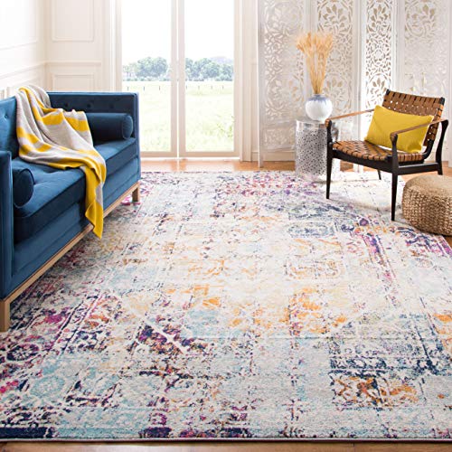 SAFAVIEH Madison Collection 5'3" x 7'6" Ivory / Aqua MAD922A Boho Chic Medallion Watercolor Distressed Non-Shedding Living Room Bedroom Dining Home Office Area Rug