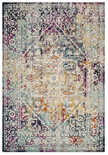 SAFAVIEH Madison Collection 5'3" x 7'6" Ivory / Aqua MAD922A Boho Chic Medallion Watercolor Distressed Non-Shedding Living Room Bedroom Dining Home Office Area Rug