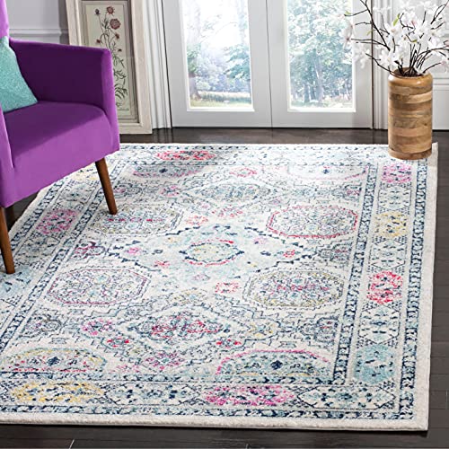 SAFAVIEH Madison Collection 4' x 6' Light Grey/Fuchsia MAD925R Oriental Boho Chic Distressed Non-Shedding Living Room Bedroom Accent Rug