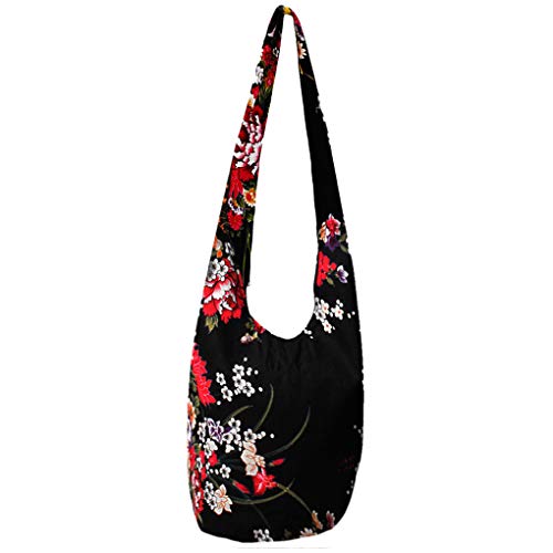 WITERY Women's Cotton Sling Hippie Bag - Handmade Floral Large Hobo Bag Crossbody with Zippered Closure, Ethnic Boho Tote Shoulder Bag for Everyday/Beach/Outdoor Activities