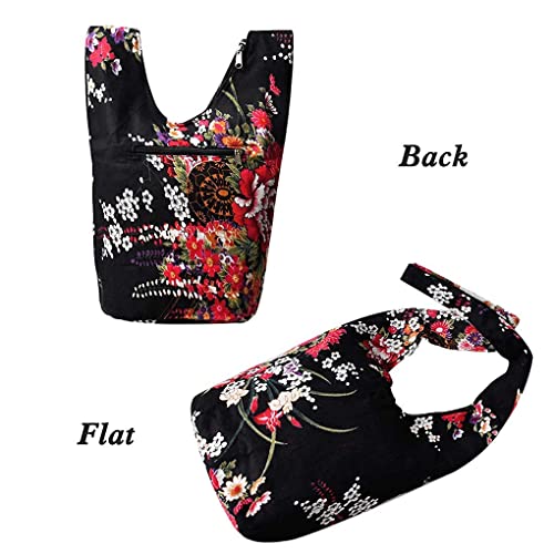 WITERY Women's Cotton Sling Hippie Bag - Handmade Floral Large Hobo Bag Crossbody with Zippered Closure, Ethnic Boho Tote Shoulder Bag for Everyday/Beach/Outdoor Activities