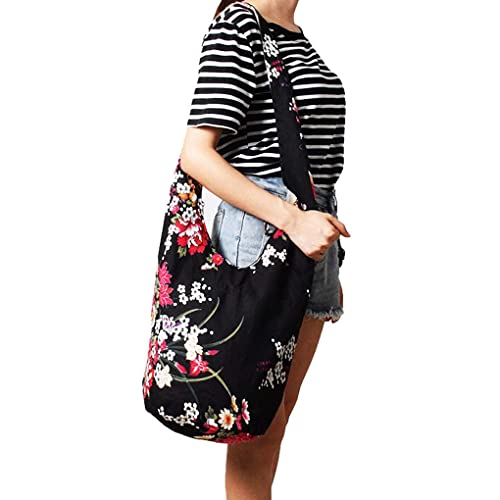 WITERY Women's Cotton Sling Hippie Bag - Handmade Floral Large Hobo Bag Crossbody with Zippered Closure, Ethnic Boho Tote Shoulder Bag for Everyday/Beach/Outdoor Activities