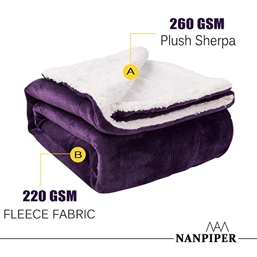 NANPIPER Sherpa Blanket, Super Soft Fuzzy Flannel Fleece/Wool Like Reversible Velvet Plush Couch Blanket, Lightweight Warm Blankets for Winter (Throw Size 50"x60", Purple)