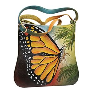 Handpainted Butterfly Shoulder Bag - Leather Crossbody Strap Lined Purse