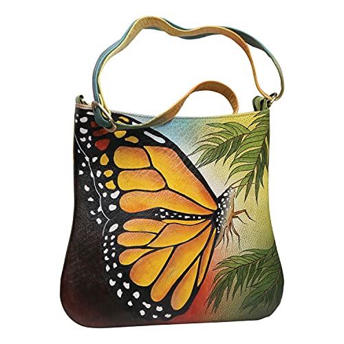 Handpainted Butterfly Shoulder Bag - Leather Crossbody Strap Lined Purse