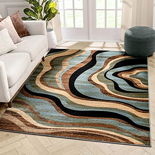 Hudson Waves Blue Brown Geometric Modern Casual Area Rug 8x10 8x11 ( 7'10" x 9'10" ) Easy to Clean Stain Fade Resistant Shed Free Abstract Contemporary Natural Lines Multi Soft Living Dining Room Rug