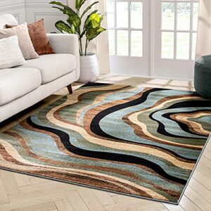 Hudson Waves Blue Brown Geometric Modern Casual Area Rug 8x10 8x11 ( 7'10" x 9'10" ) Easy to Clean Stain Fade Resistant Shed Free Abstract Contemporary Natural Lines Multi Soft Living Dining Room Rug