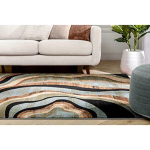 Hudson Waves Blue Brown Geometric Modern Casual Area Rug 8x10 8x11 ( 7'10" x 9'10" ) Easy to Clean Stain Fade Resistant Shed Free Abstract Contemporary Natural Lines Multi Soft Living Dining Room Rug