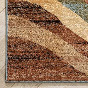 Hudson Waves Blue Brown Geometric Modern Casual Area Rug 8x10 8x11 ( 7'10" x 9'10" ) Easy to Clean Stain Fade Resistant Shed Free Abstract Contemporary Natural Lines Multi Soft Living Dining Room Rug