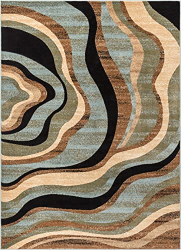 Hudson Waves Blue Brown Geometric Modern Casual Area Rug 8x10 8x11 ( 7'10" x 9'10" ) Easy to Clean Stain Fade Resistant Shed Free Abstract Contemporary Natural Lines Multi Soft Living Dining Room Rug