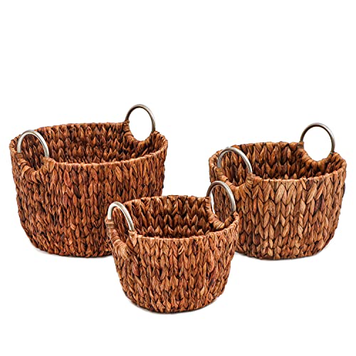 Trademark Innovations Set of 3 Round Hyacinth Baskets with Stainless Steel Handles-Rich Chocolate Finish