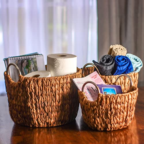 Trademark Innovations Set of 3 Round Hyacinth Baskets with Stainless Steel Handles-Rich Chocolate Finish