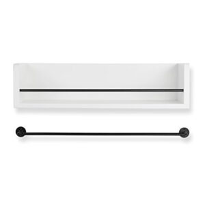 Rustic State Wall Mount Wood Floating Shelves with Metal Rail & Towel Bar - Spice Rack Display - Kitchen, Bathroom, Living Room, Bedroom Wall Décor Storage Organizer - White