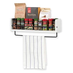 Rustic State Wall Mount Wood Floating Shelves with Metal Rail & Towel Bar - Spice Rack Display - Kitchen, Bathroom, Living Room, Bedroom Wall Décor Storage Organizer - White