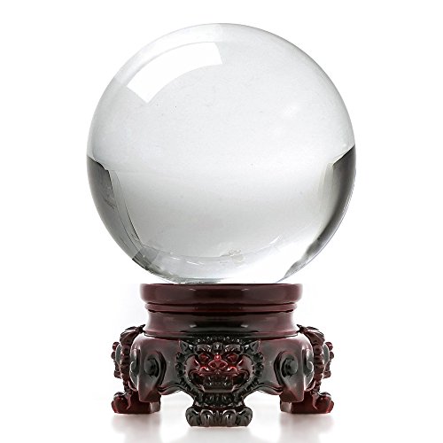 Amlong Crystal 3 inch (80mm) Clear Crystal Ball with Redwood Lion Resin Stand and Gift Box for Decorative Ball, Lensball Photography, Gazing Divination or Feng Shui, and Fortune Telling Ball