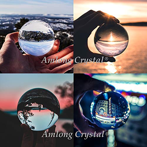 Amlong Crystal 3 inch (80mm) Clear Crystal Ball with Redwood Lion Resin Stand and Gift Box for Decorative Ball, Lensball Photography, Gazing Divination or Feng Shui, and Fortune Telling Ball