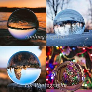 Amlong Crystal 3 inch (80mm) Clear Crystal Ball with Redwood Lion Resin Stand and Gift Box for Decorative Ball, Lensball Photography, Gazing Divination or Feng Shui, and Fortune Telling Ball