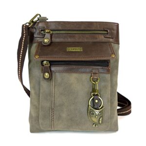 chala gemini vegan leather crossbody bag “owl” stone gray