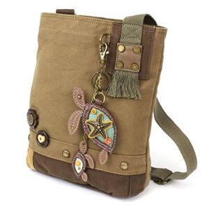 chala patch cross-body women handbag, canvas messenger bag -“sea turtle with baby” – olive