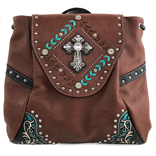 Justin West Trendy Western Cross Rhinestone Leather Conceal Carry Top Handle Square Backpack Purse (Brown Backpack)