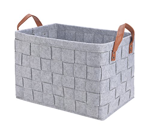 Collapsible Storage Basket Bins, Foldable Handmade Rectangular Felt Fabric Storage Box Cubes Containers with Handles- Large Organizer For Nursery Toys,Kids Room,Towels,Clothes, Grey （16"x11.8"x11.5"）